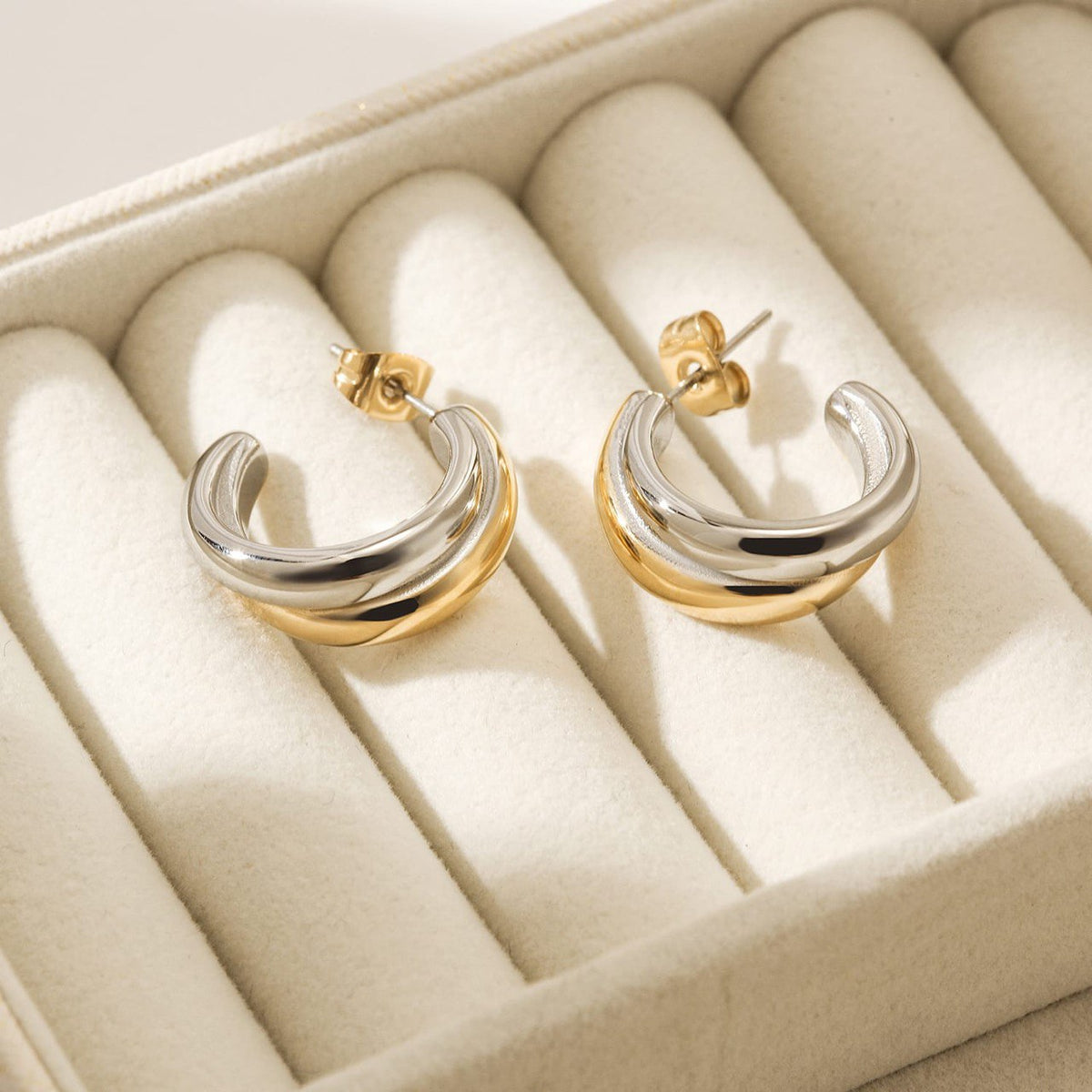 Dual gold and silver stainless steel hoops – Butina Design