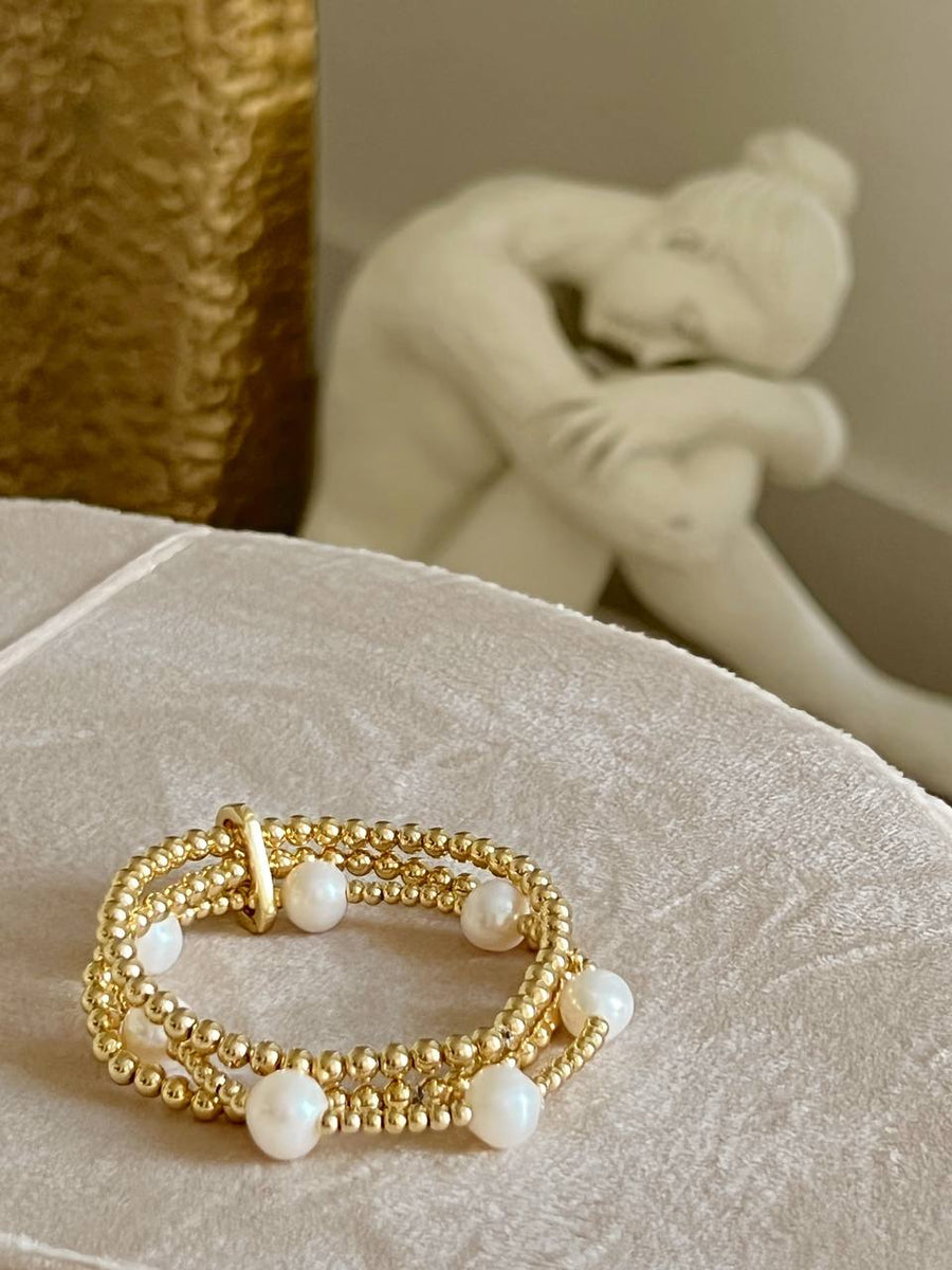 Bracelet of 3 with gold balls and pearls – Butina Design